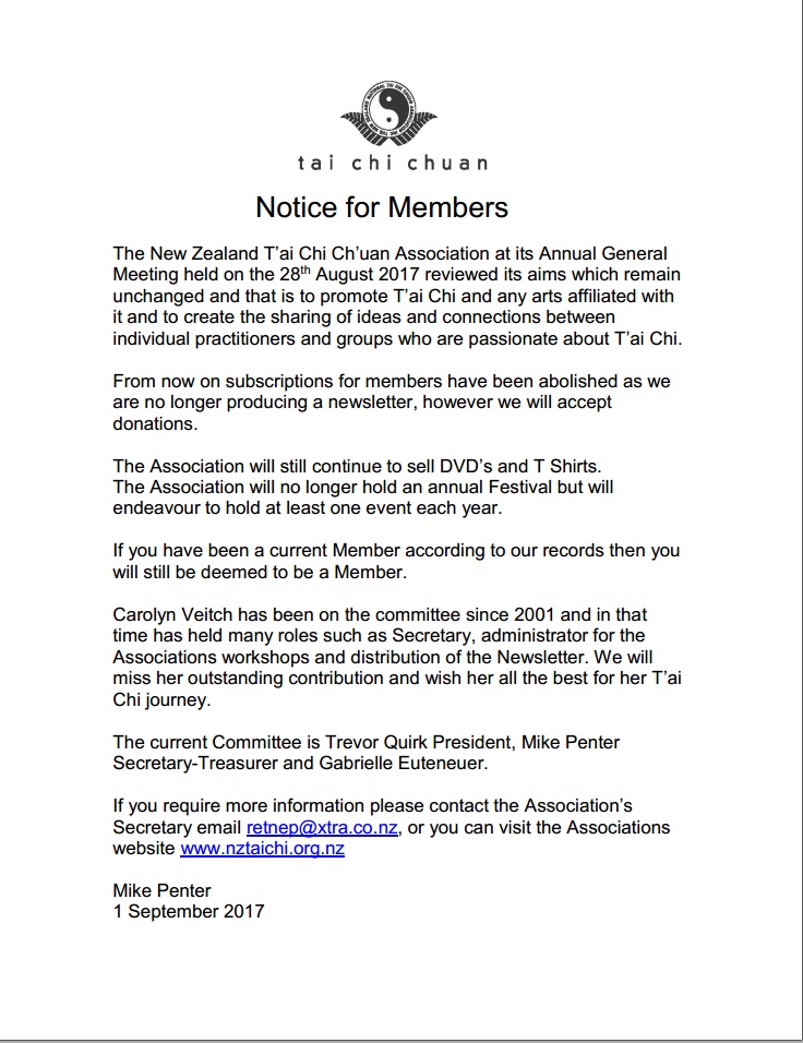 Notice for Members – NZ National T'ai Chi Ch'uan Association Inc.